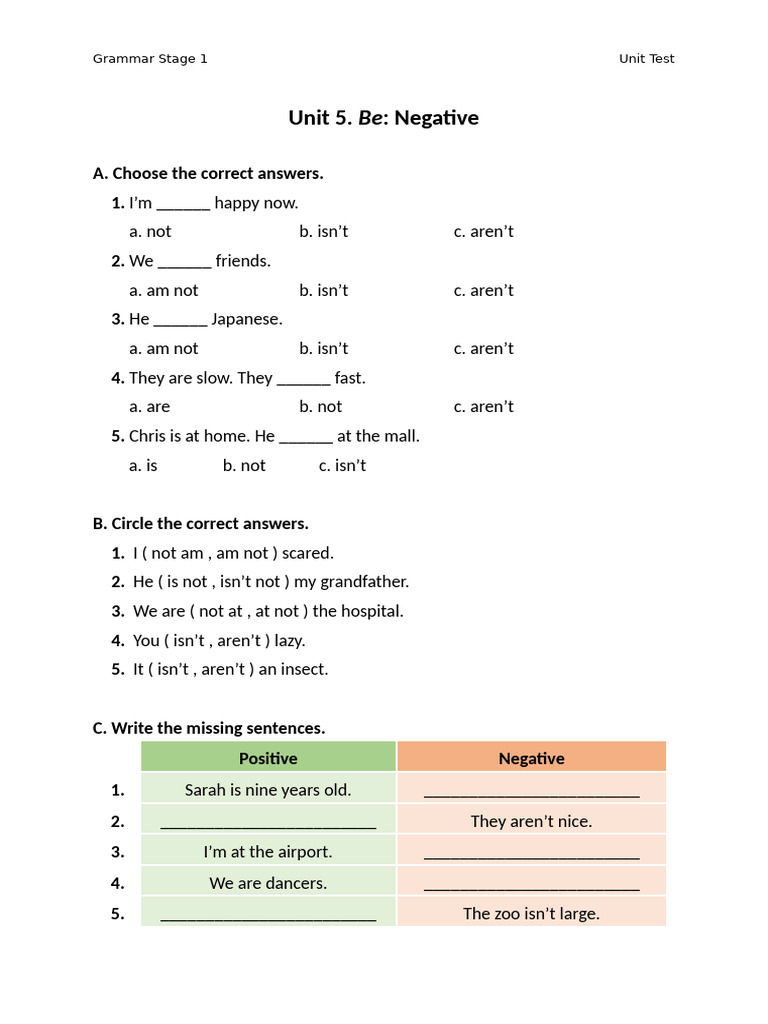 Grammar Stage 1 - Unit Test 5 | PDF