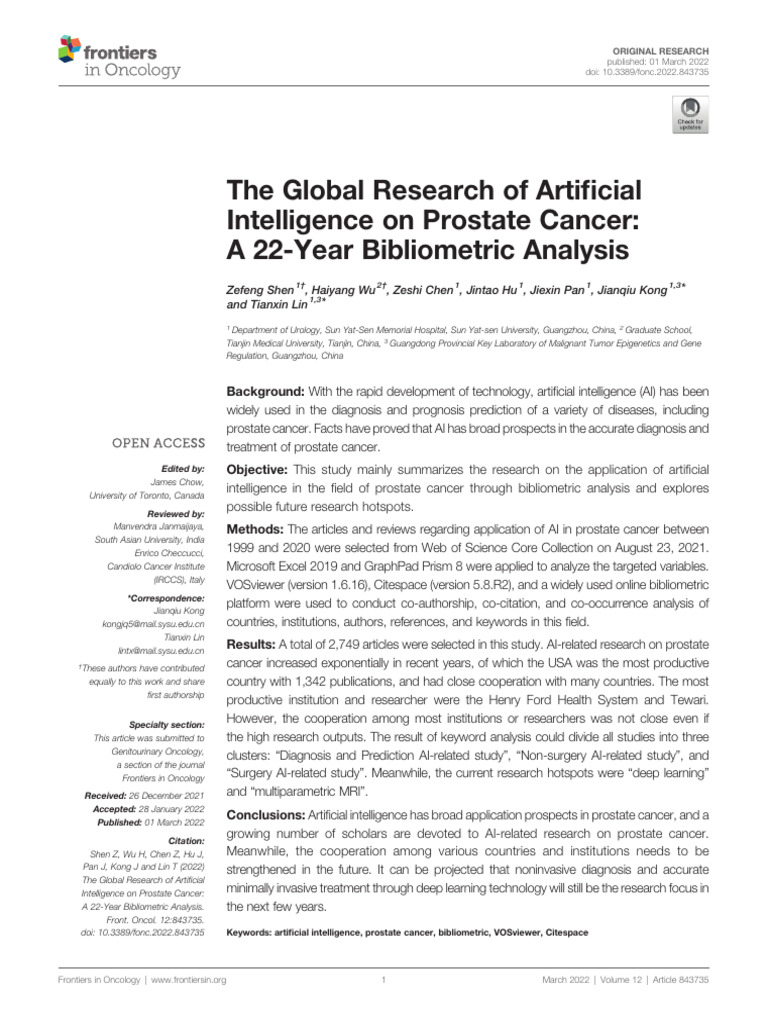 The Global Research of Artificial Intelligence on Prostate Cancer A 22-Year Bibliometric ...