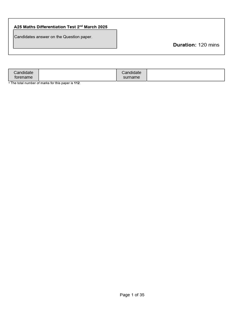 A25 Maths Differentiation Test 2025 | PDF | Sphere | Equations