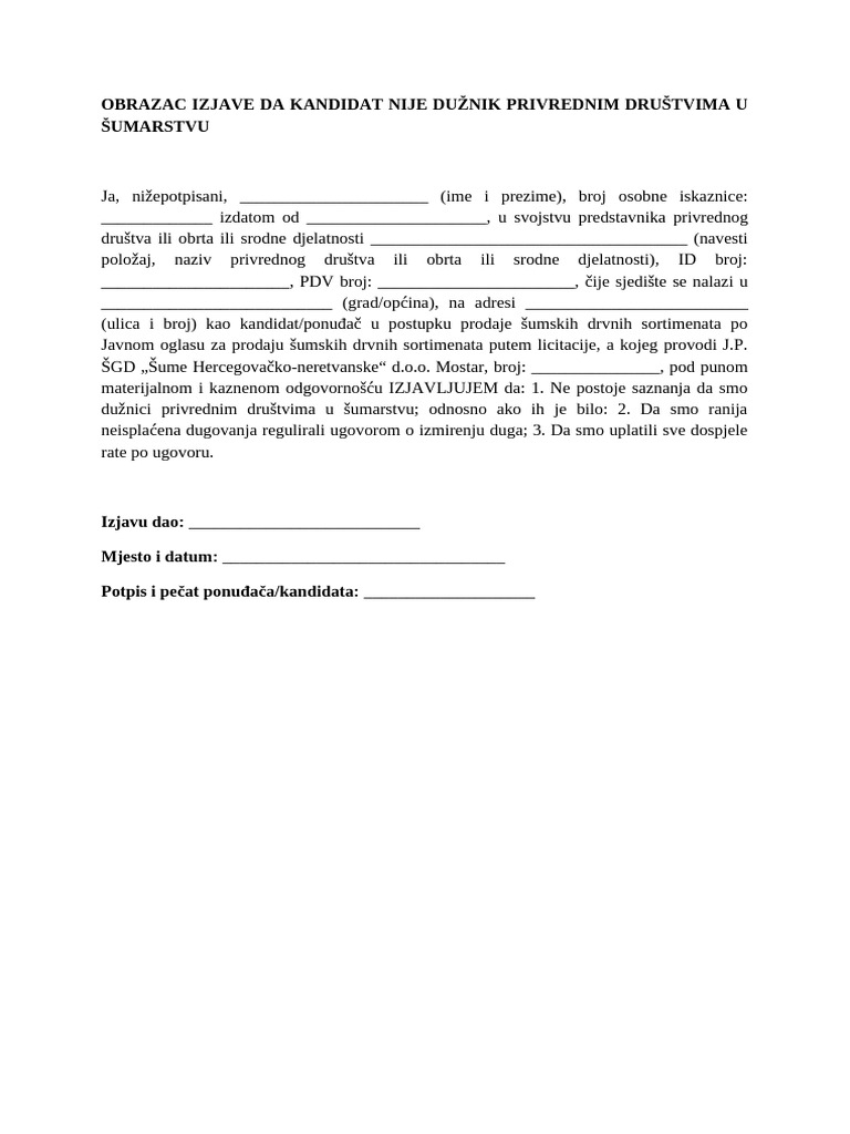 01.c Obrazac Izjave Da Kandidat Nije Duznik Privrednim Drustvima U ...