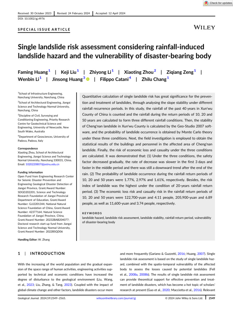 Geological Journal - 2024 - Huang - Single Landslide Risk Assessment Considering Rainfall ...