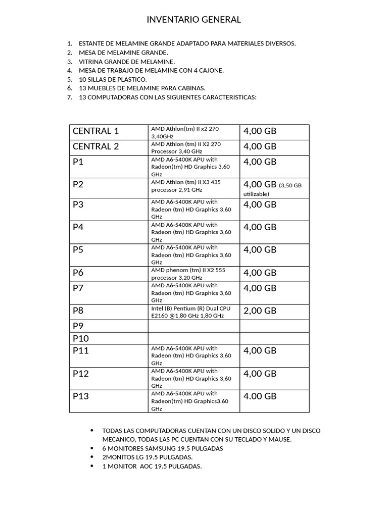 Inventario General Anderson | PDF | Arquitectura X86 | Hardware de la computadora