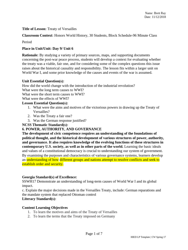 Analyzing the Treaty of Versailles | PDF | German Empire | World War I