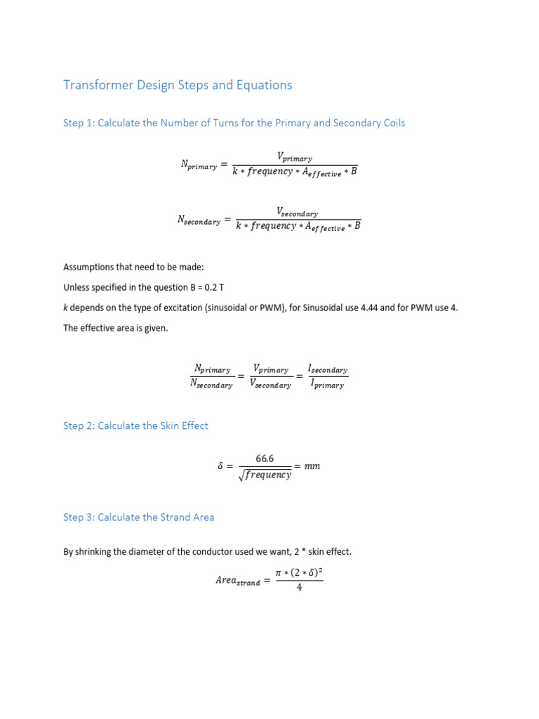 Transformer Design Steps and Equations | PDF | Transformer | Electrical Equipment