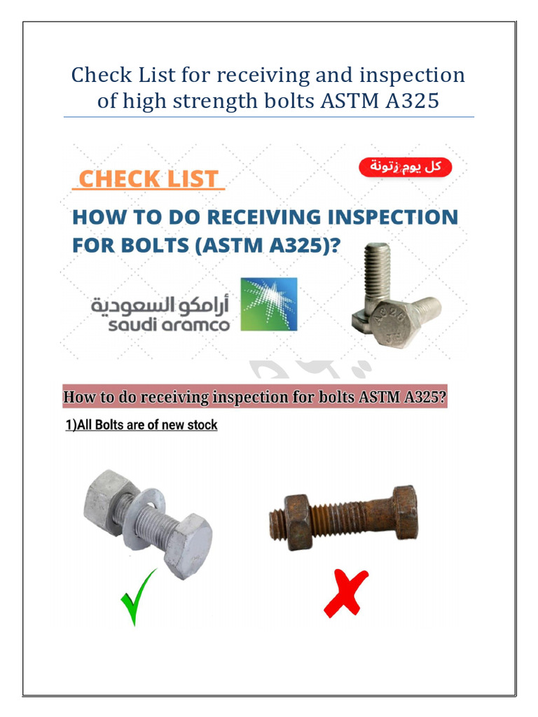 Check List For Receiving and Inspection of High Strength Bolts ASTM A325 | PDF