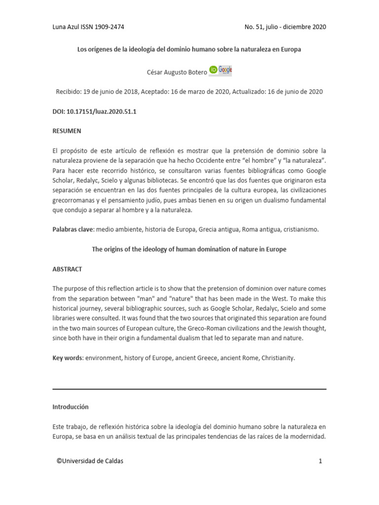 Los Orígenes de La Ideología Del Dominio Humano Sobre La Naturaleza en ...