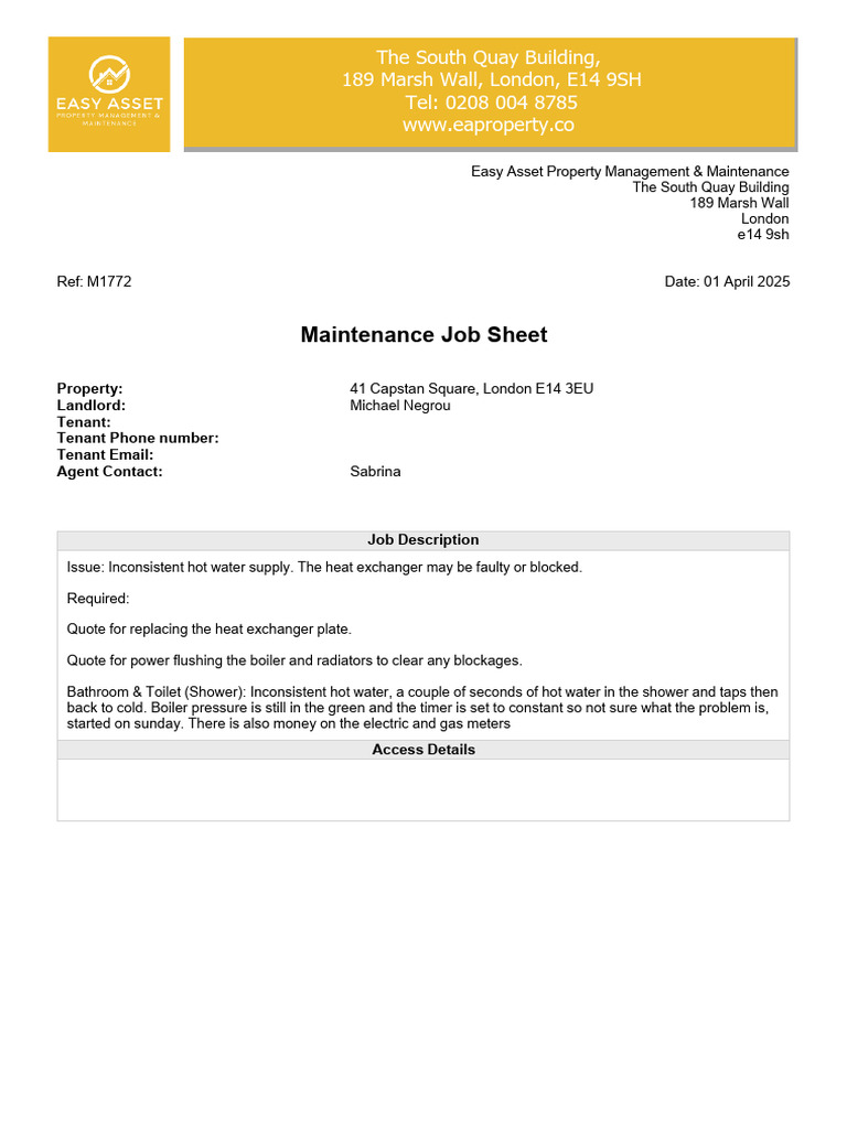 Maintenance Job Sheet: The South Quay Building, 189 Marsh Wall, London ...