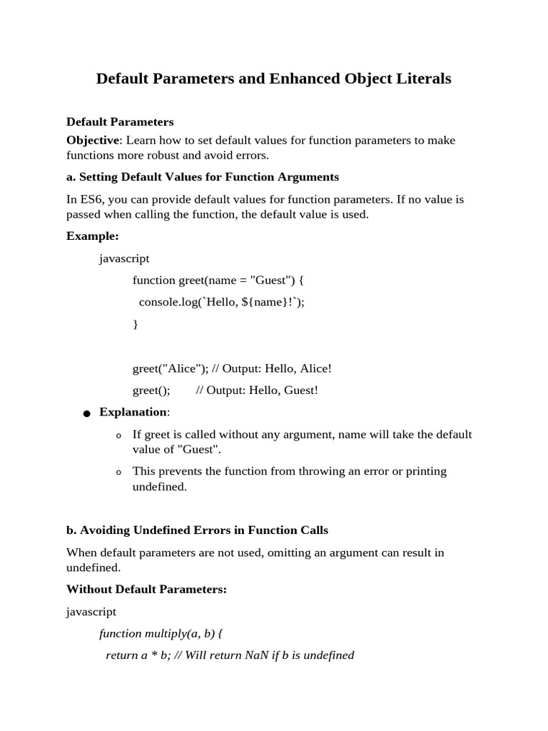 Default Parameters and Enhanced Object Literals | PDF | Parameter (Computer Programming) | Java ...