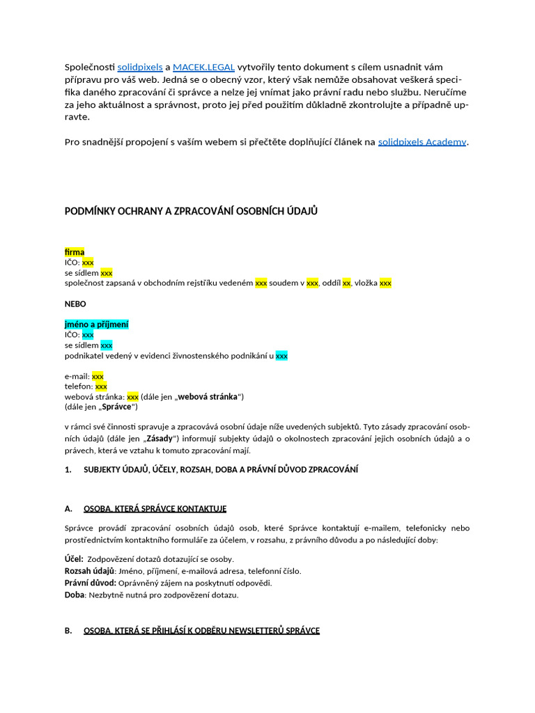 Solidpixels Vzor Zasady Ochrany Osobnich Udaju Pro Web | PDF
