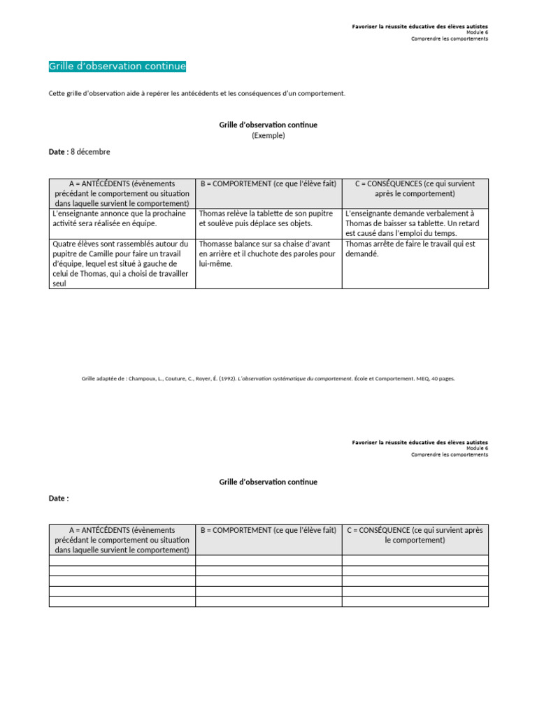 Grille d'observation des comportements autistes | PDF
