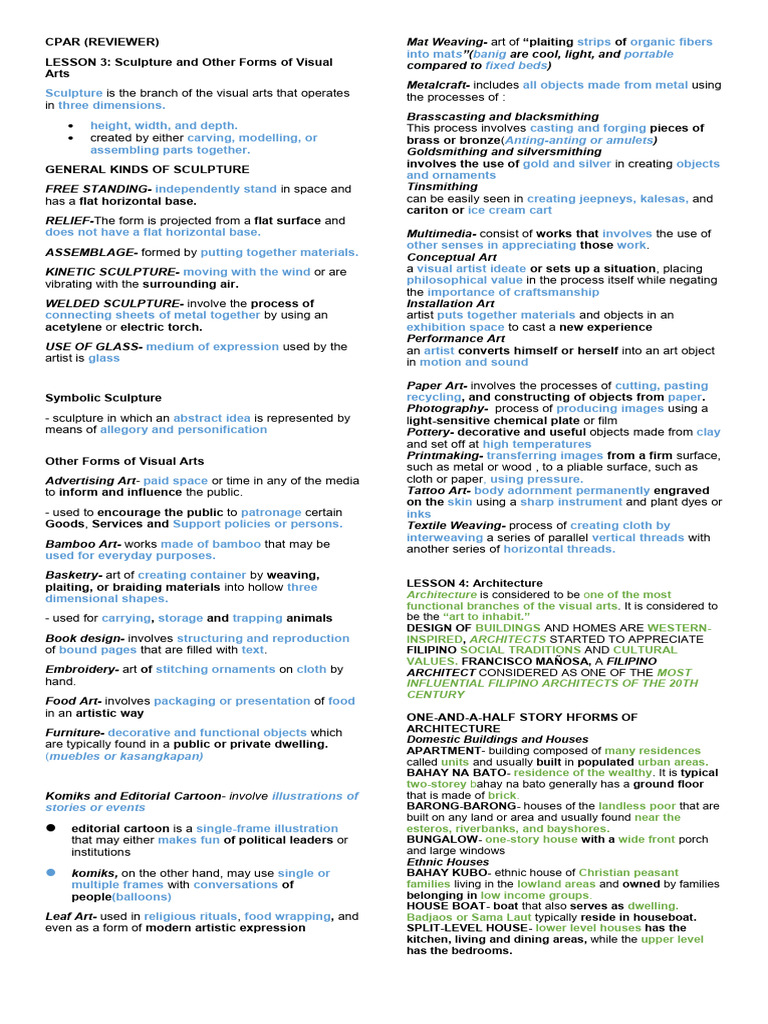 CPAR REVIEWER. 2nd Quarter | PDF | Textiles | Sculpture