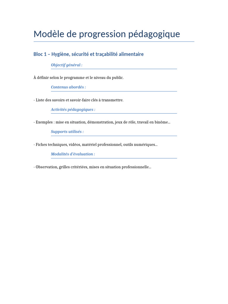 Modèle de progression pédagogique culinaire | PDF | Pédagogie ...