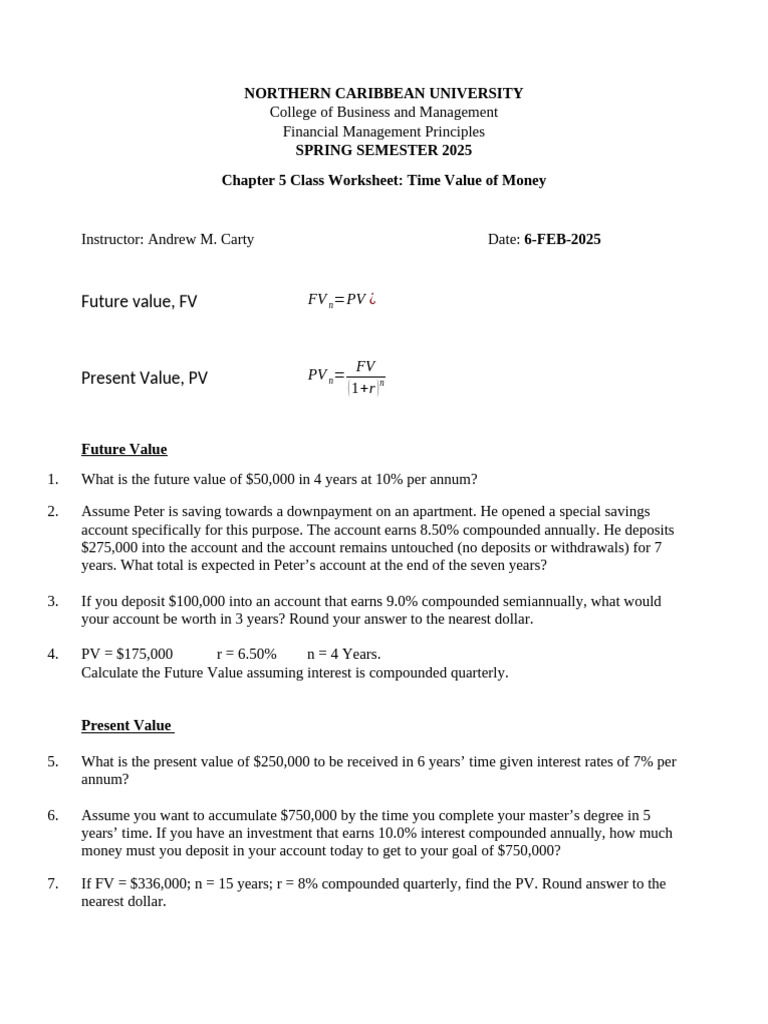Chapter 5 Class Worksheet - Time Value of Money | PDF | Interest | Present Value