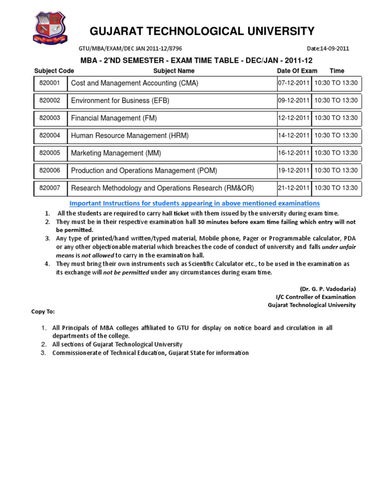 GTU MBA 2nd Semester Exam Timetable 2011-12 | PDF | Business