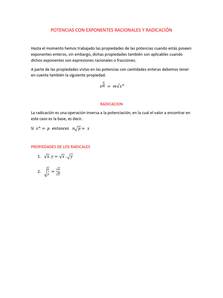 Potencias Con Exponentes Racionales, Radicales | PDF
