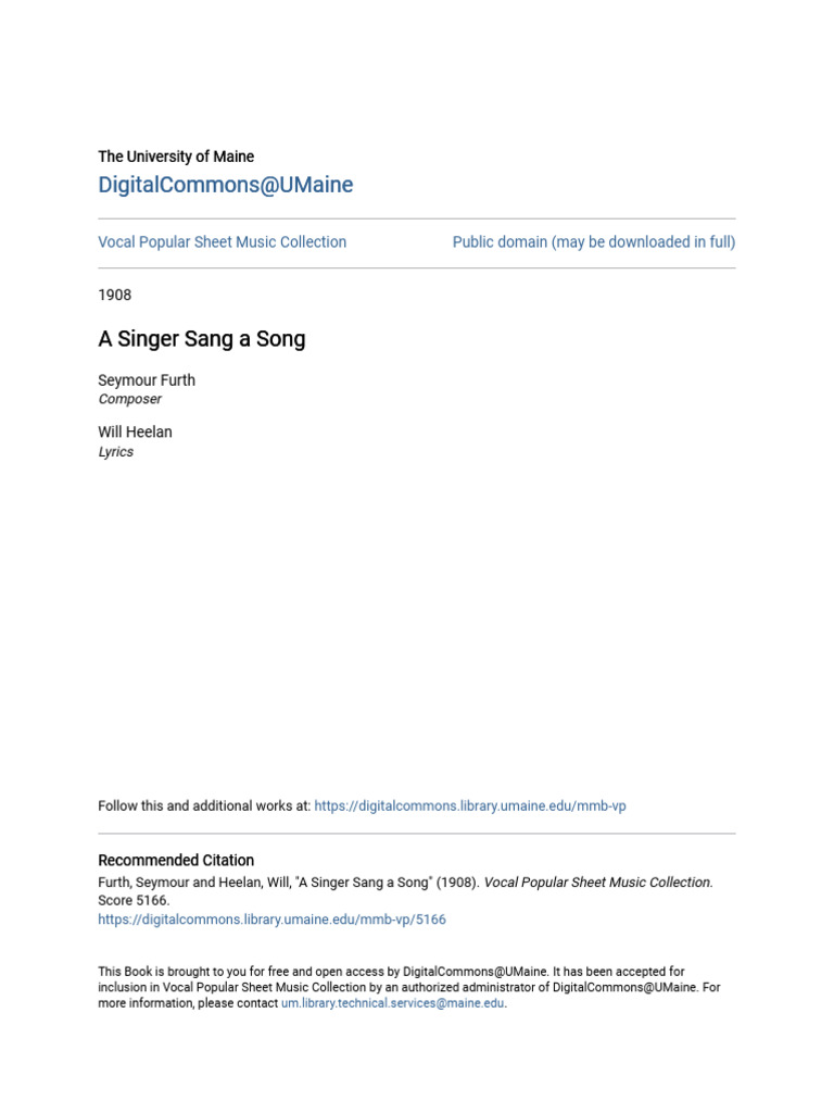 A Singer Sang a Song - 1908 Sheet Music | PDF