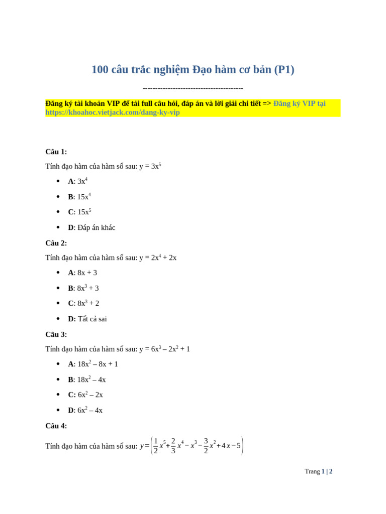 100 Cau Trac Nghiem Dao Ham Co Ban p1 - 2025 - 04 - 01 | PDF