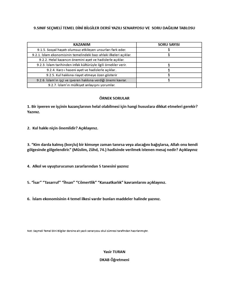 9.sinif TDB Yazili Senaryosu Ve Soru Dağilim Tablosu | PDF