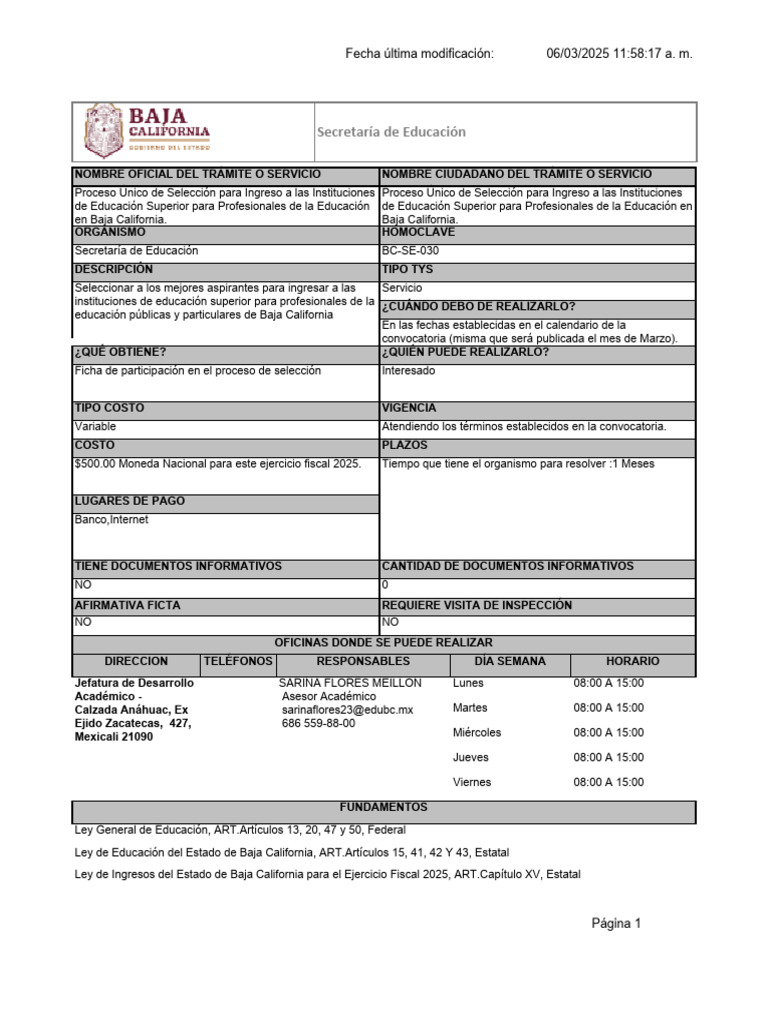 Ficha - Proceso Único de Selección para Ingreso A Las Instituciones de Educación Superior para ...