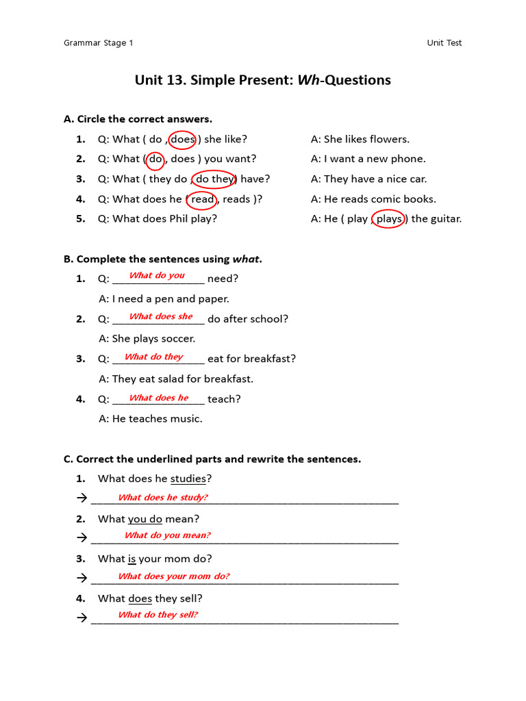 Grammar Stage 1 - Unit Test 13 - Answers | PDF