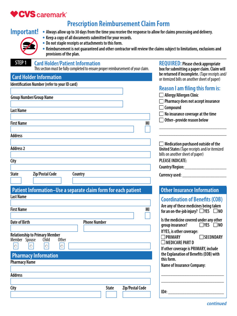 CVS Prescription Reimbursement Claim Form English | PDF | Medical ...