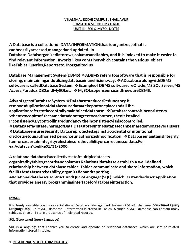 Class Xii Unit Iii Sql And Mysql Notes 0 Pdf Relational