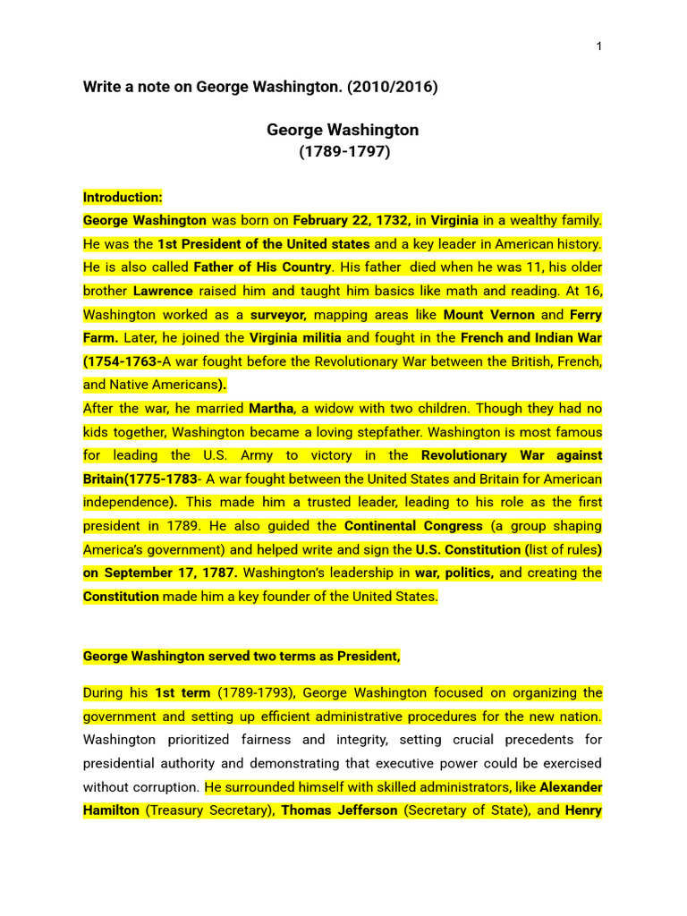 Write A Note On George Washington | PDF | George Washington | Alexander ...