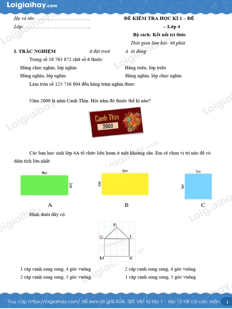 De Kiem Tra Hoc Ki 1 Toan 4 Ket Noi Tri Thuc de So 1 1699676859 | PDF