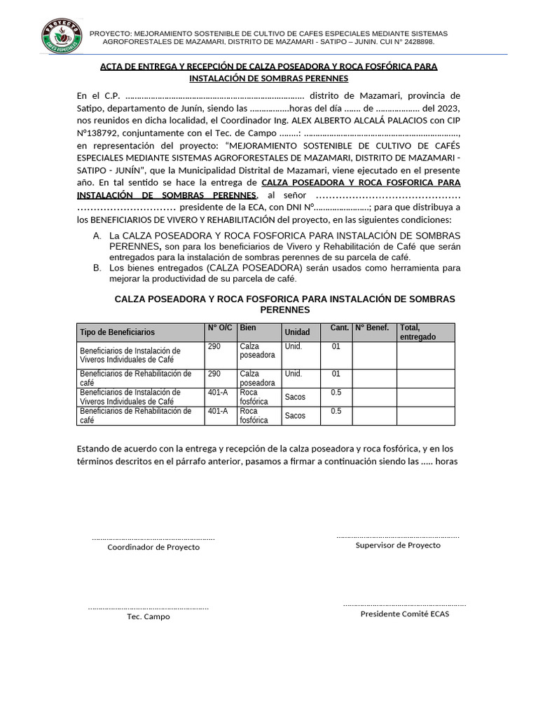 Acta Entrega de Mat. para Sombras Perennes | PDF