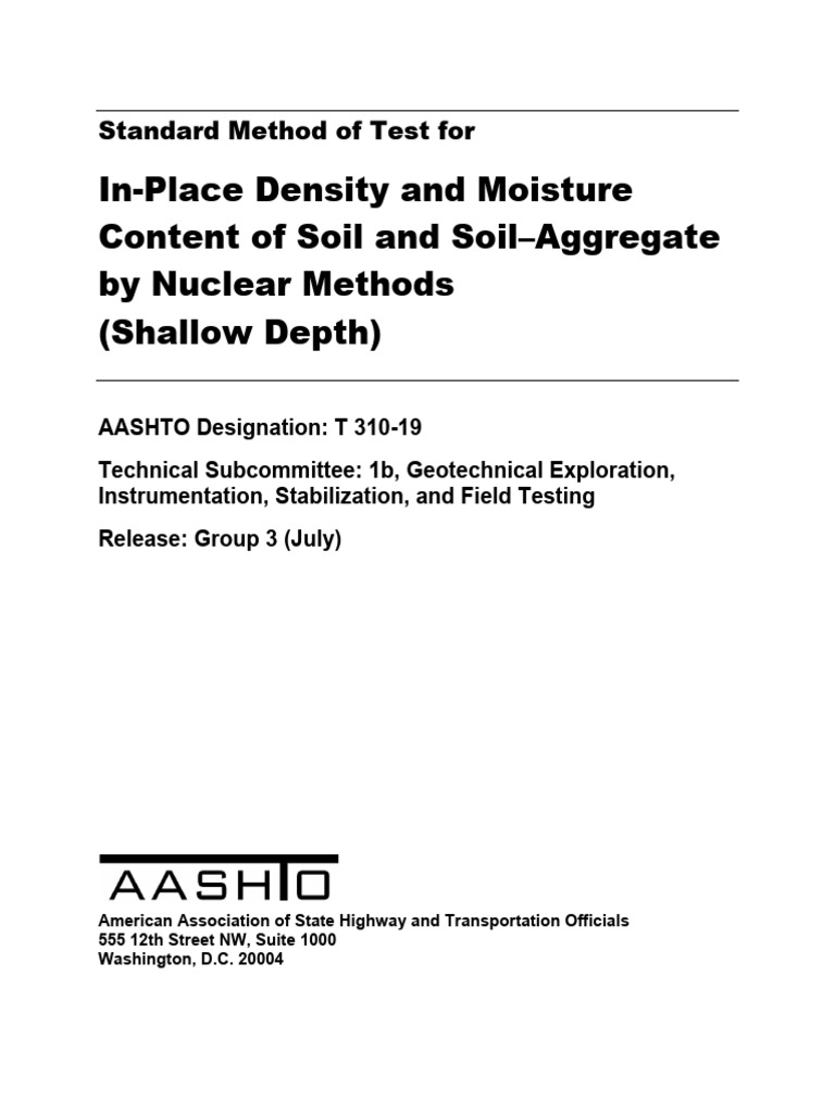 AASHTO T 310-19: Soil Density Testing | PDF | Calibration | Density