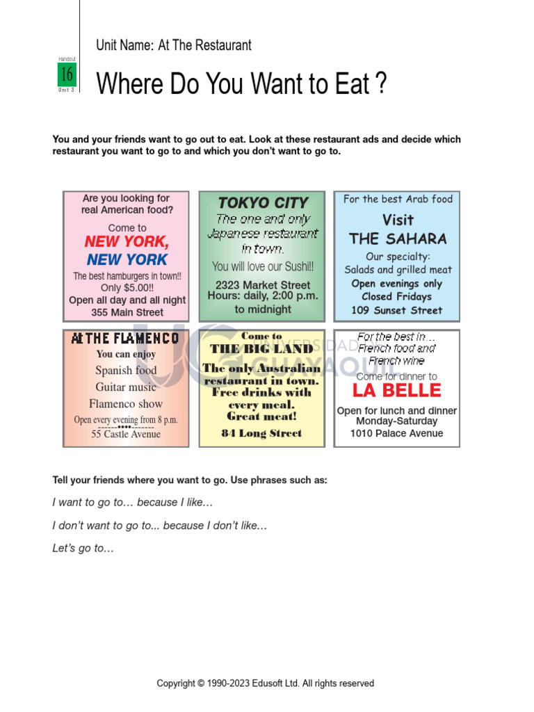 Where Do You Want To Eat Basic 1 - Handout - All Units-21 | PDF