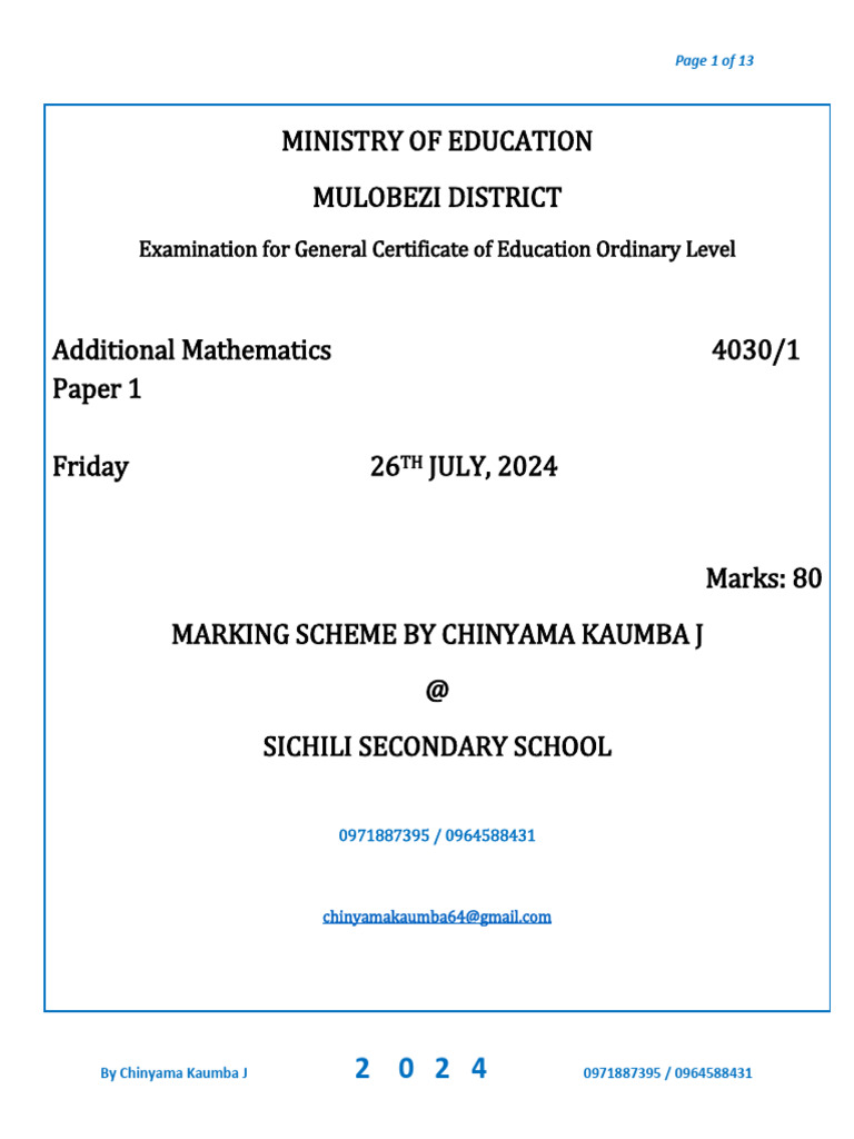 GCE - ADDMA.P1.2024.MARKING SCHEME BY Chinyama Kaumba J | PDF ...