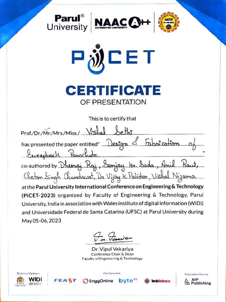 Vijay Patidar - PiCET Certificate | PDF