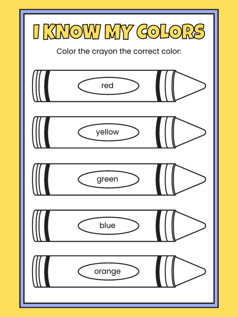 I Know My Colors Crayon Coloring Worksheet in Yellow Blue Lined Style | PDF