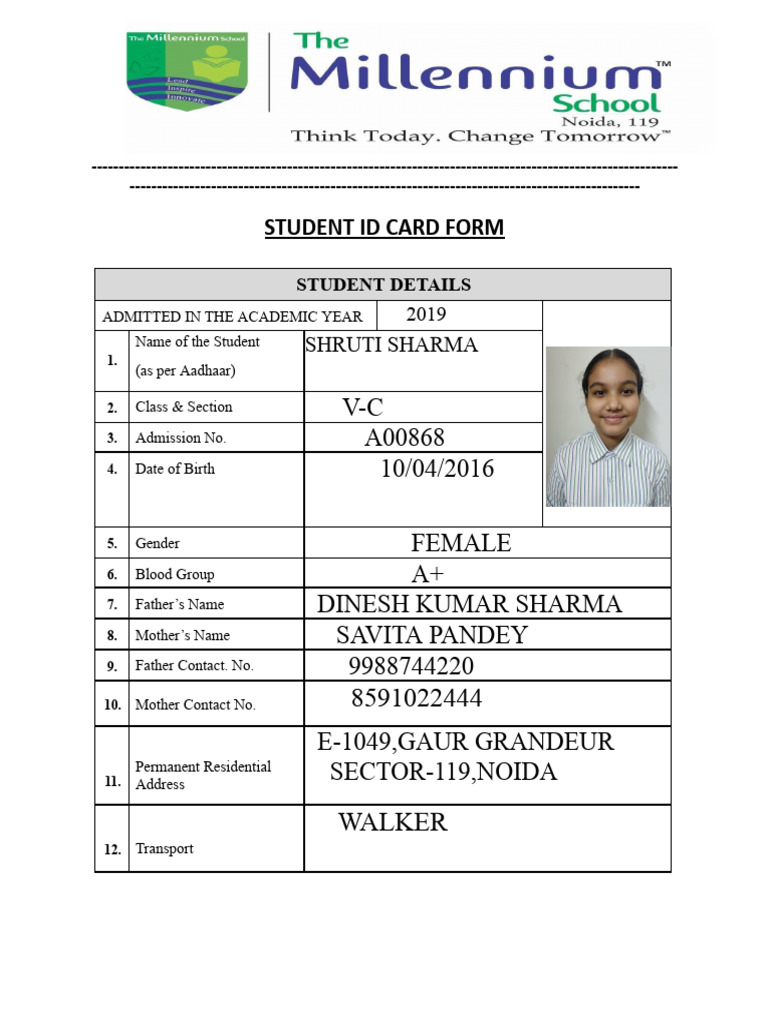 Student ID Card Form for Shruti Sharma | PDF
