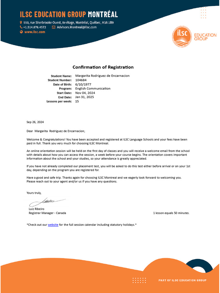 Margarita Confirmation of Registration | PDF