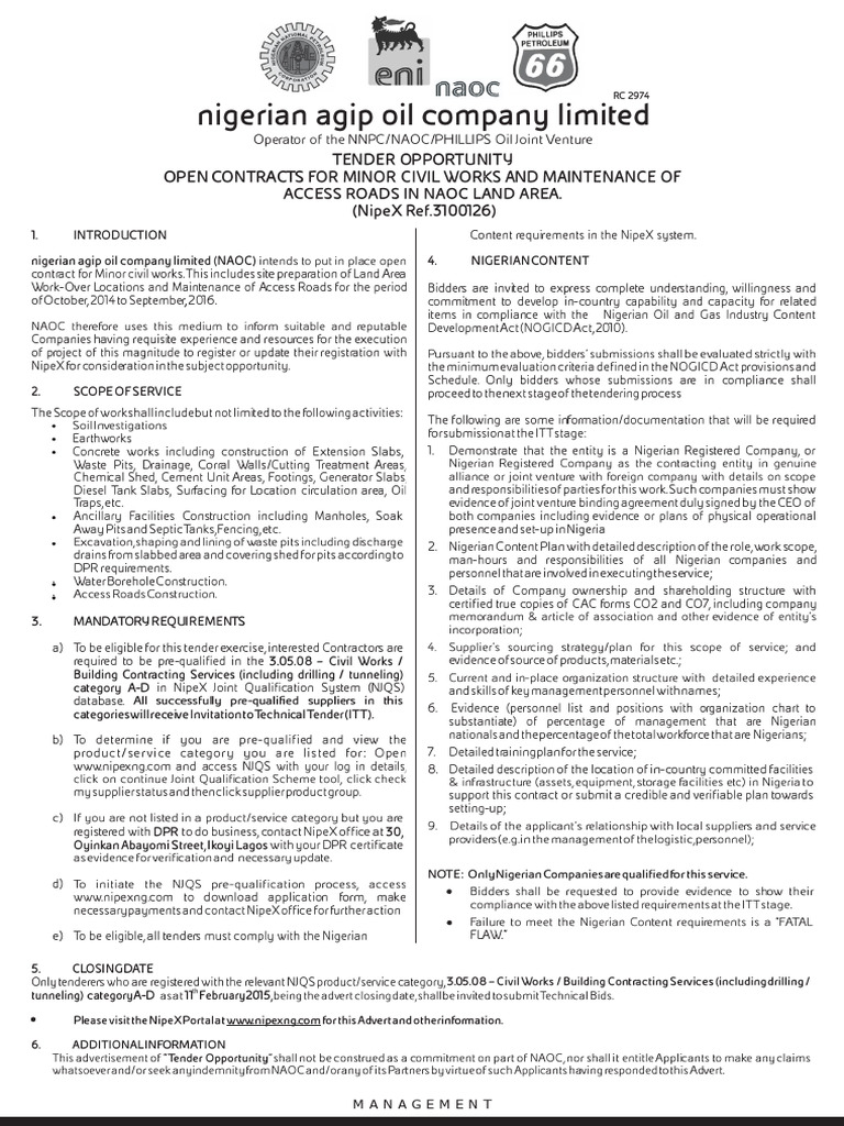 Agip - Open Contracts For Minor Civil Works and Maintenance - 210115 | PDF