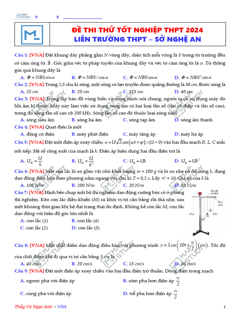 49 - LiÃªn trÆ°á» ng Nghá» An - Thi thá»­ TN THPT | PDF