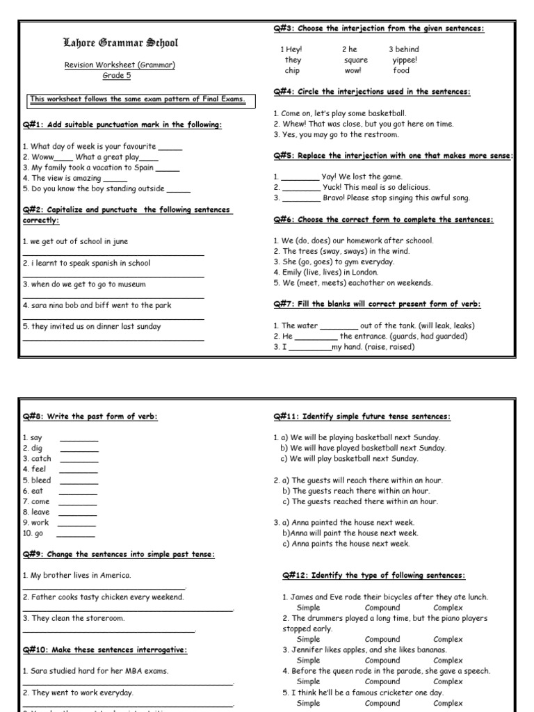 Grade 5 Revision Worksheet ( Grammar) Session 2023-2024 | PDF ...