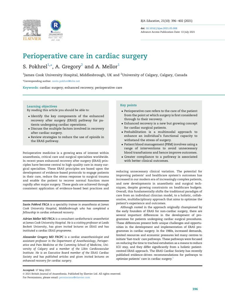 2021 - Perioperative Care in Cardiac Surgery | PDF | Surgery | Anemia