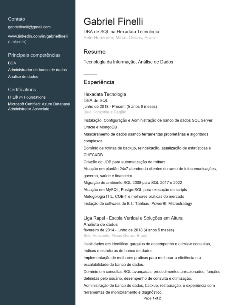 CV Gabriel | PDF | Bancos de dados | Microsoft SQL Server
