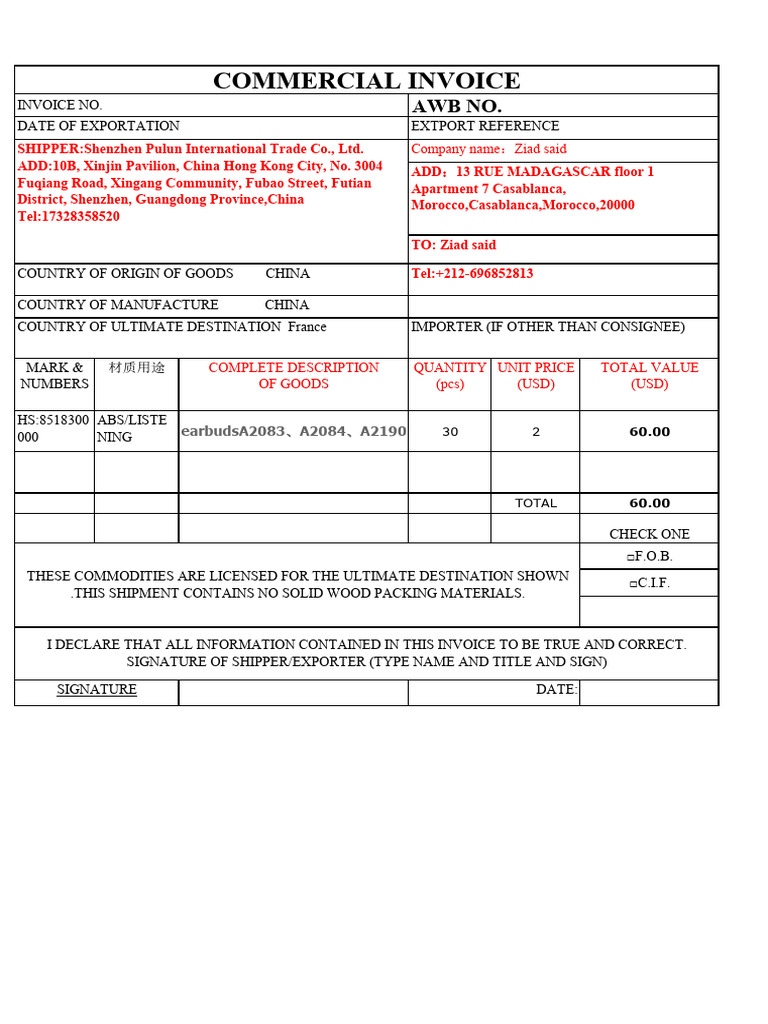 Commercial Invoice: Awb No | PDF
