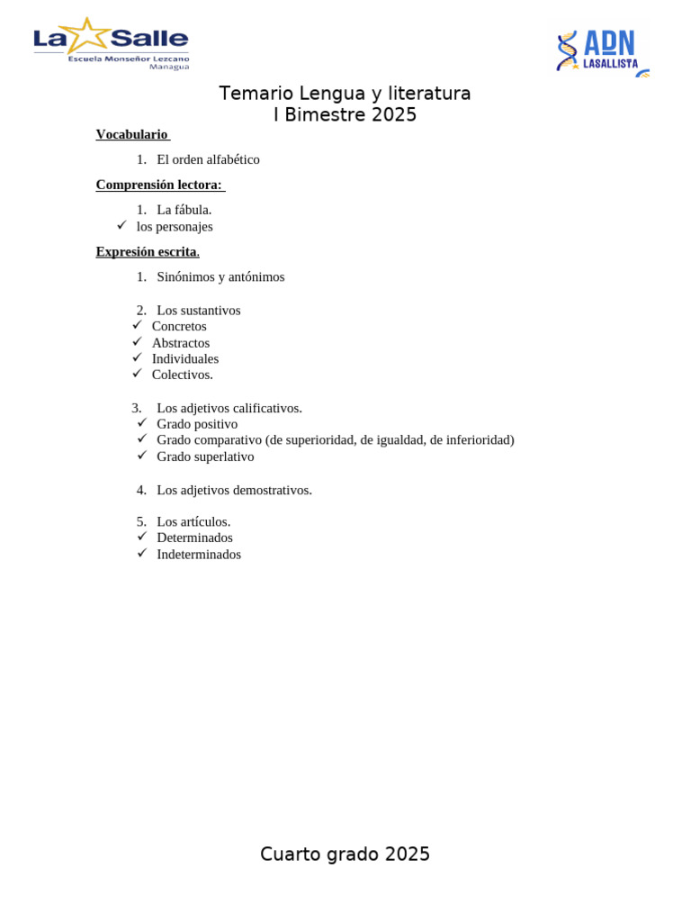 Temario Cuarto Grado 2025: Lengua y Ciencias | PDF