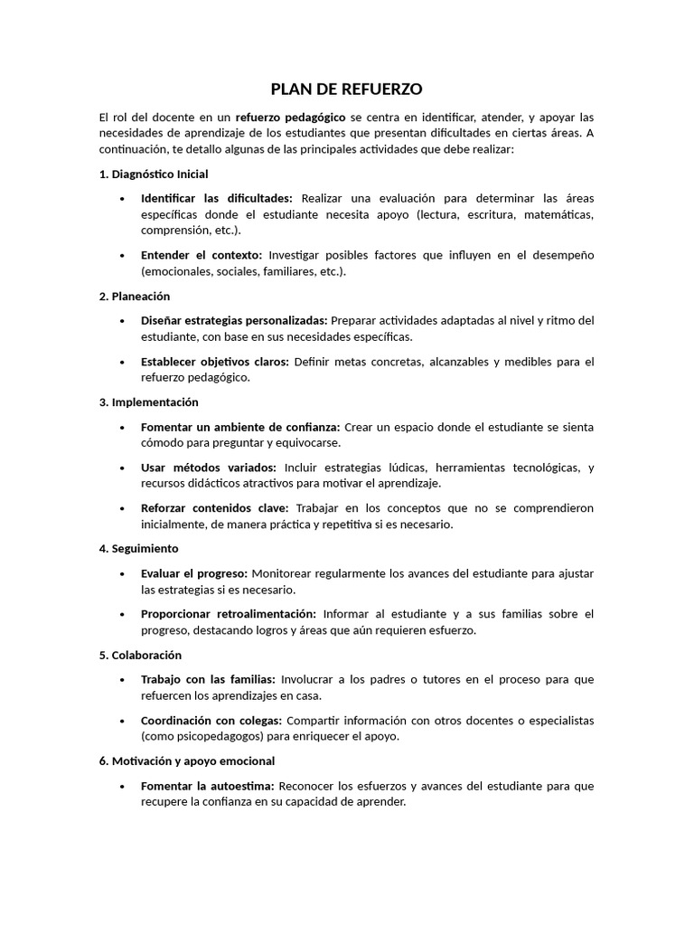 Plan de Refuerzo | PDF | Aprendizaje | Maestros