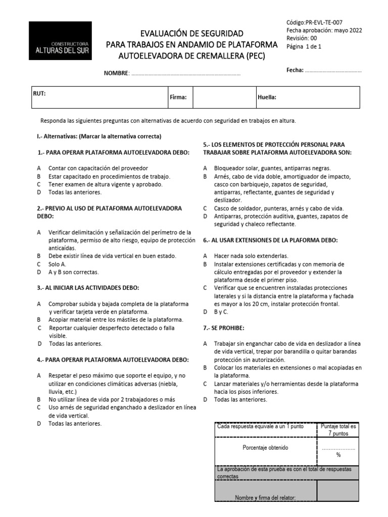 PR EVL TE 007 Evaluación And. Plataforma Autoelevadora - Rev00 - My22 | PDF