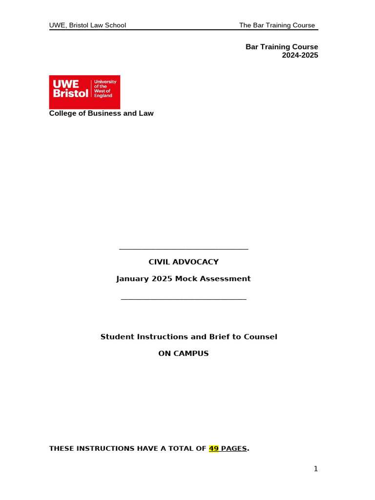 UWE Bristol Bar Training Course Assessment | PDF | Damages | Argument