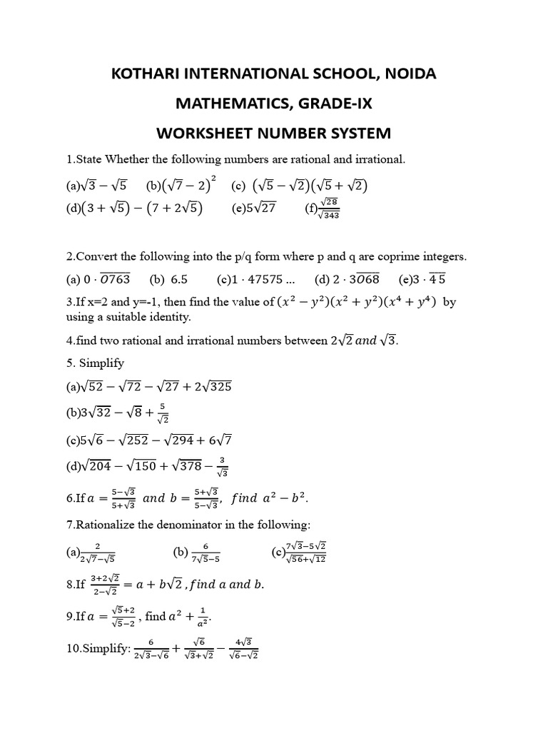 Kothari International School, Noida Mathematics, Grade-Ix Worksheet Number System | PDF