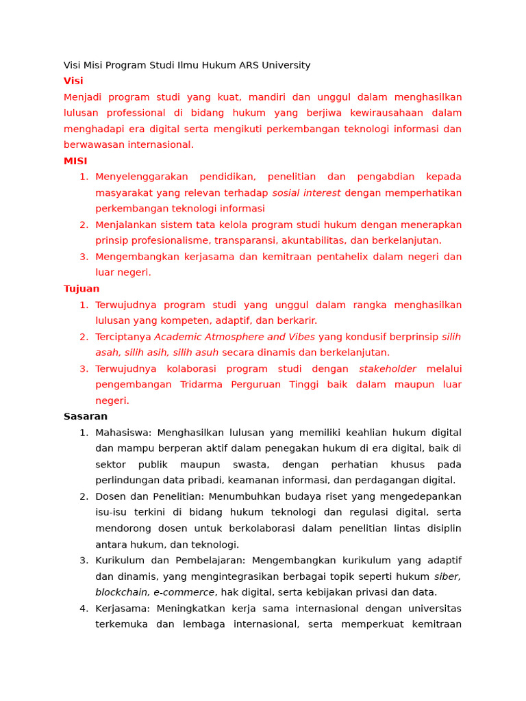 Update 06 Visi Misi Program Studi Ilmu Hukum ARS University | PDF