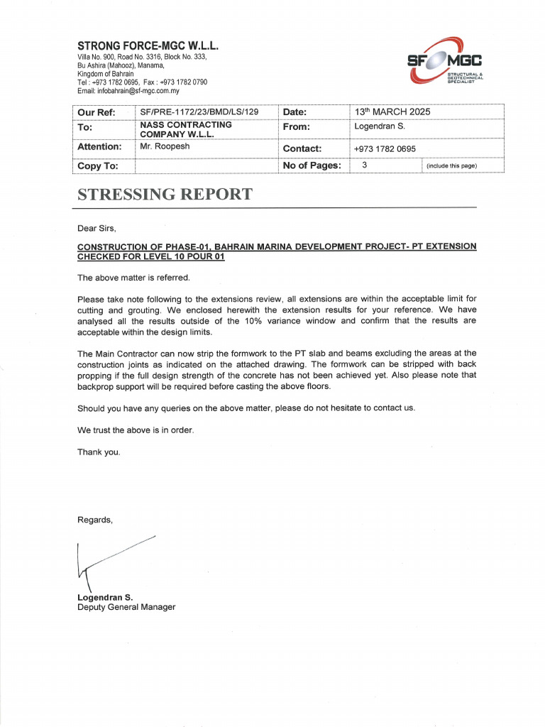 Tendon Stressing Report - Level - 10, Pour - 01 | PDF