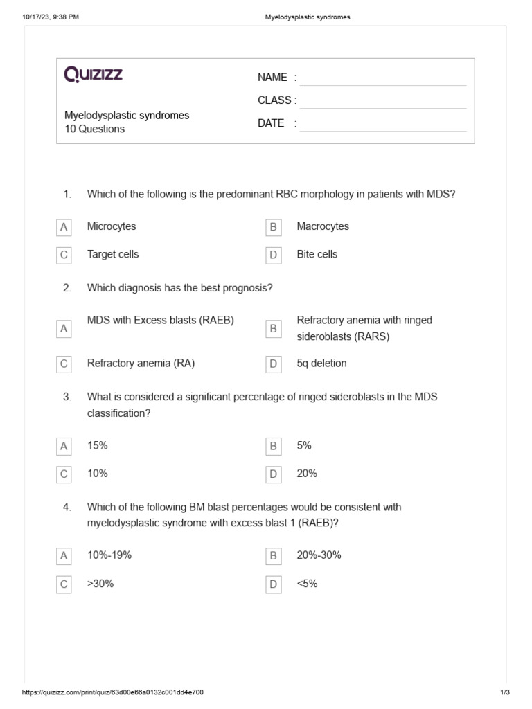 Myelodysplastic Syndromes Quiz Questions | PDF | Neoplasms | Syndrome